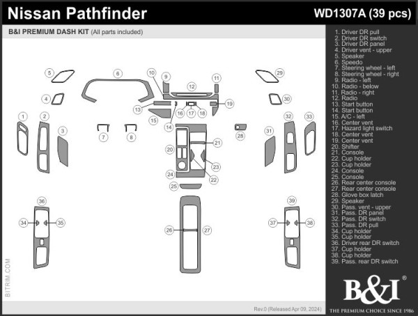 B&I® WD1307A-CF1 - 2D Real Carbon Fiber Large Dash Kit (39 Pcs)