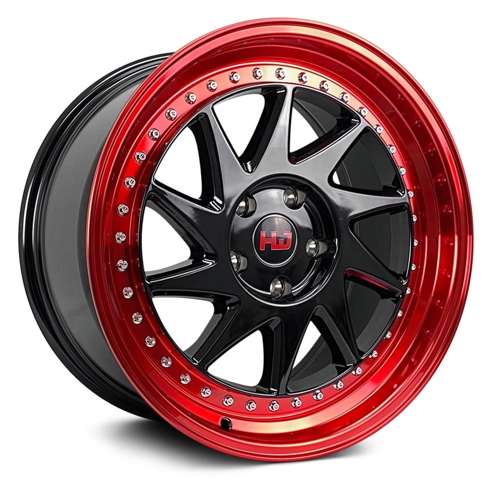 HEMI WHEELS® HM2 Wheels - Gloss Black with Red Lip and Polished Rivets Rims