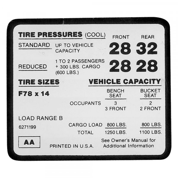 QRP® DC00174 - Tire Pressure Decal AA, #6271199